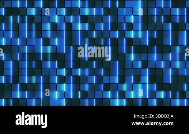 Small blue square shapes glow with light edges. They form a geometric ...