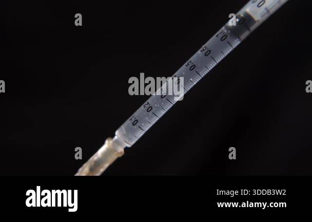 Macro view of a fully loaded syringe containing liquid medication ...
