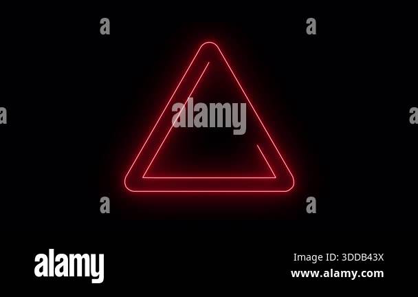 Neon red exclamation mark inside a glowing warning triangle on a black ...