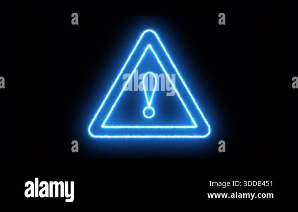 lowing neon blue warning triangle with an exclamation mark on a dark ...