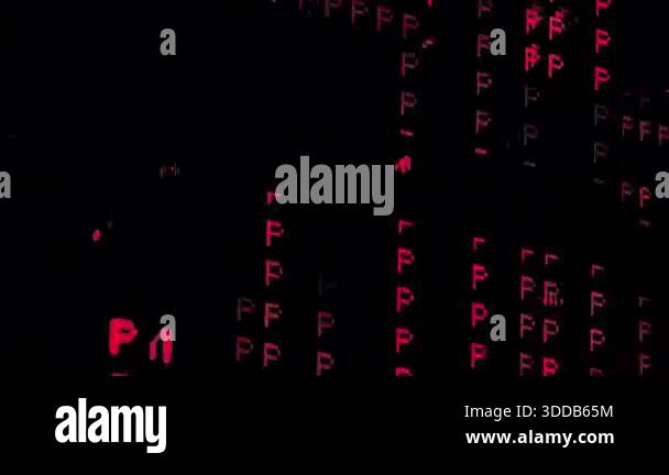 Red pixelated letters and symbols scrolling and flickering across a ...