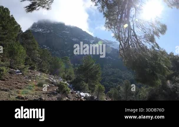 A serene natural landscape captures a majestic mountain peak partially ...