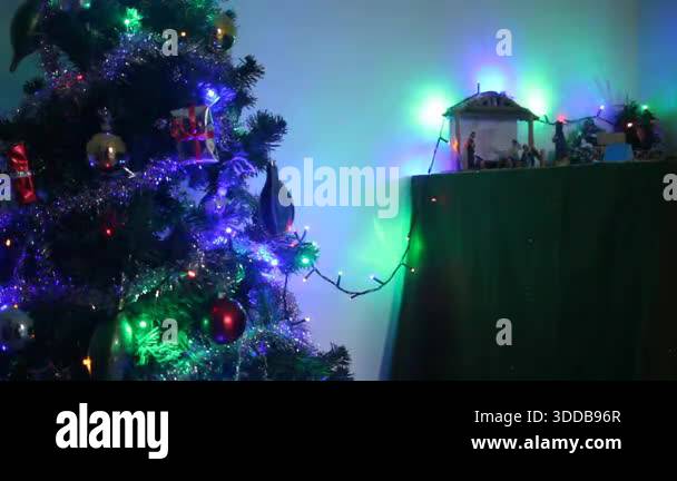 Nativity lights at home, Nativity scene and Christmas tree Stock Video ...