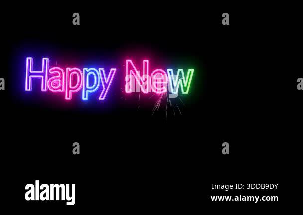 Happy new year neon text with colorful fireworks animation for ...