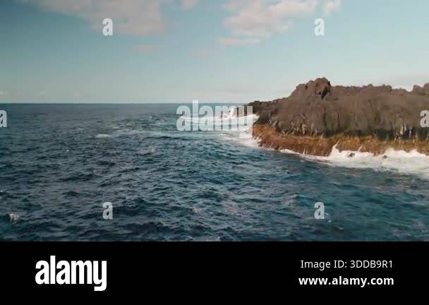Aerial Azores Coast With Crashing Waves, Drone Shot Of Rugged Volcanic ...