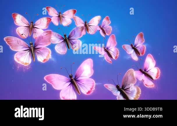 Beautiful Pink Butterflies Dancing in Formation Against a Blue Gradient ...