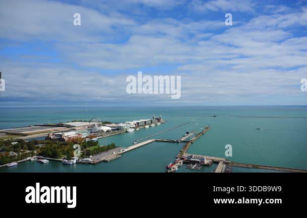 Aerial view of Chicago Navy Pier and Lake Michigan, showcasing ...