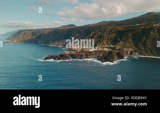 Aerial Azores Coastline Rugged Cliffs Meeting Ocean, Waves Crashing ...
