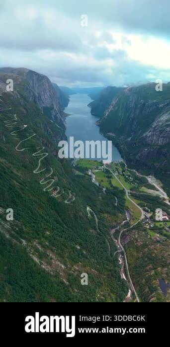 Breathtaking aerial perspective of Lysebotn nestled in Lysefjord ...