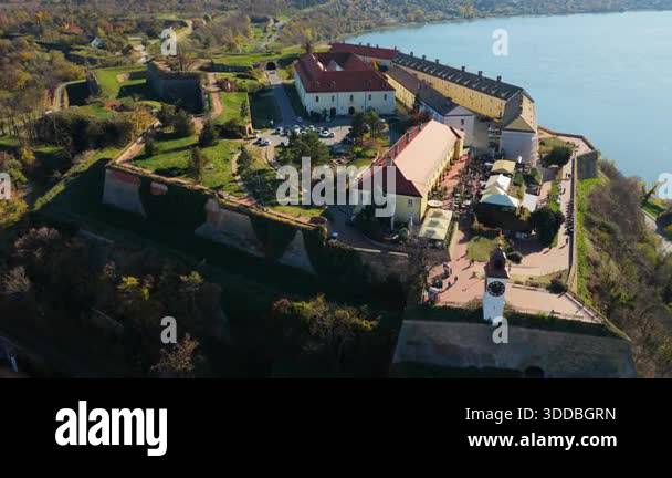 Aerial drone view of the Petrovaradin Fortress, one of Serbia's most ...