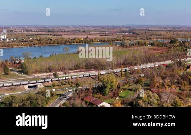 Novi Sad, Serbia - November 12, 2025: Aerial drone view of cargo train ...