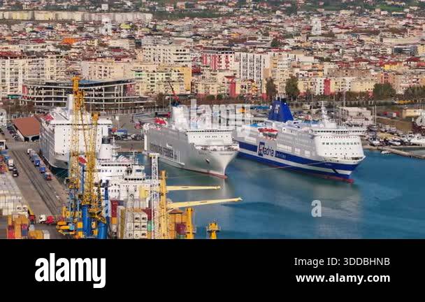 Durres, Albania - November 20, 2025: Aerial drone view of a busy ...