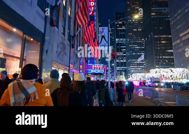 New York, USA, 5 December 2025: Festive Crowd Walking Past Radio City ...
