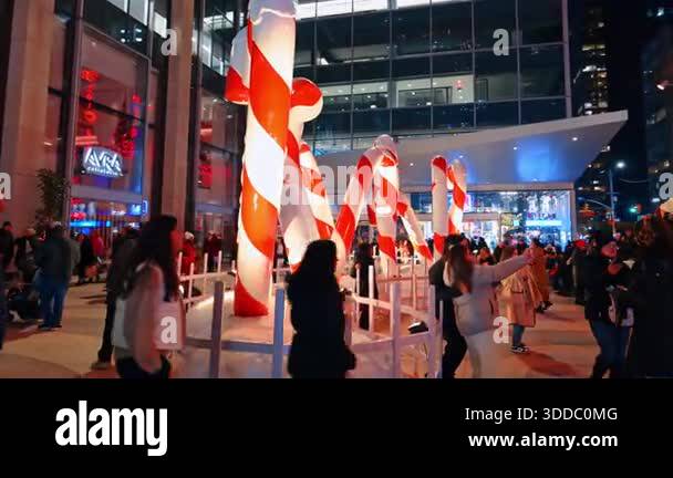 New York, USA, 5 December 2025: Giant Candy Cane Decorations on a Busy ...