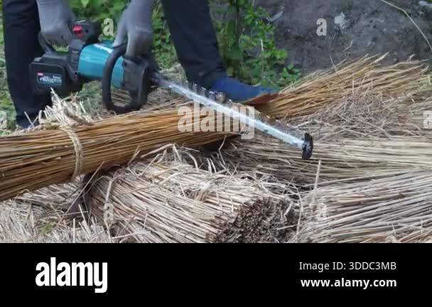 Image of a man cutting thatch Stock Video Footage - Alamy