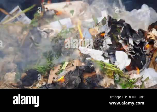 Burning Trash Pile with Flames and Smoke, Environmental Pollution Video ...