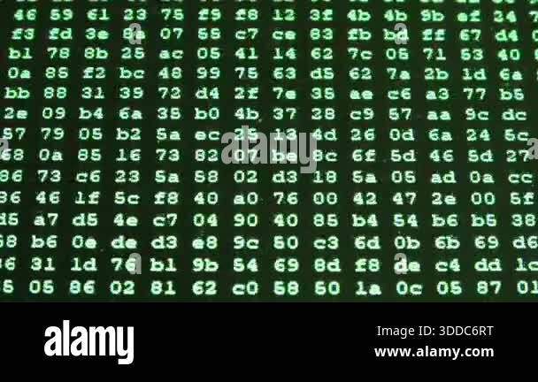 Green hexadecimal code scrolling on a black computer screen ...