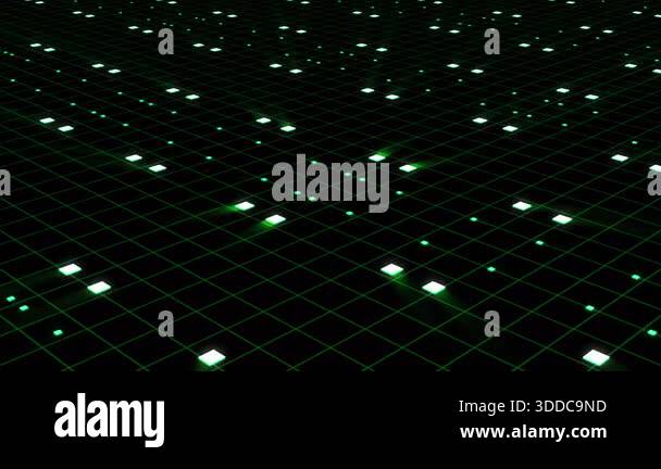 Abstract 3D animated futuristic grid technology background with green ...