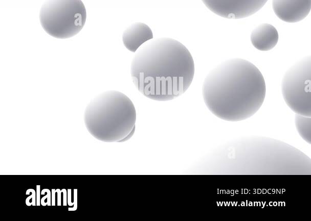 Abstract horizontally flying and moving spheres in 3D space with white ...