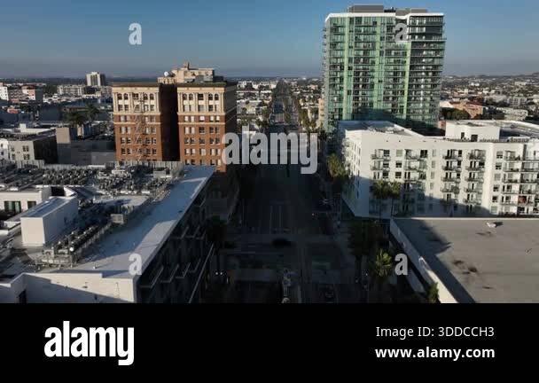 High-angle aerial shot of downtown Long Beach, California, showing ...