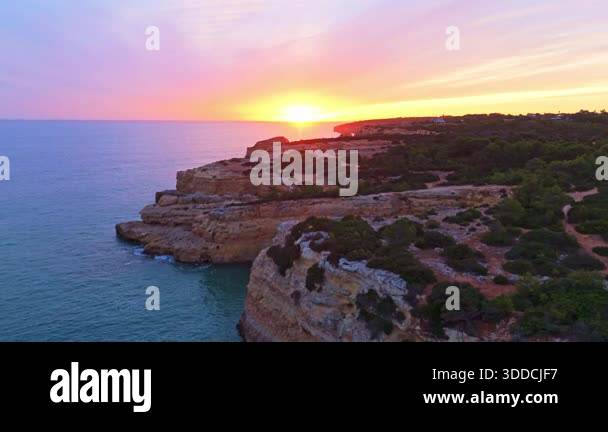 Cliffs near Albandeira Beach, Rocks and Atlantic Ocean at Sunset ...