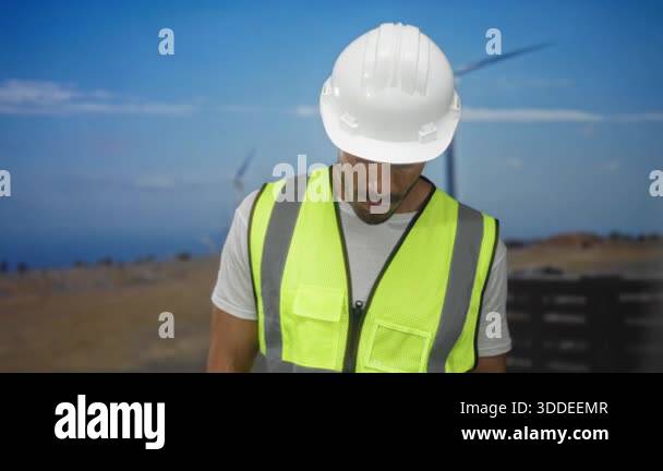 Man in white hardhat and yellow safety vest crosses arms by windmill ...