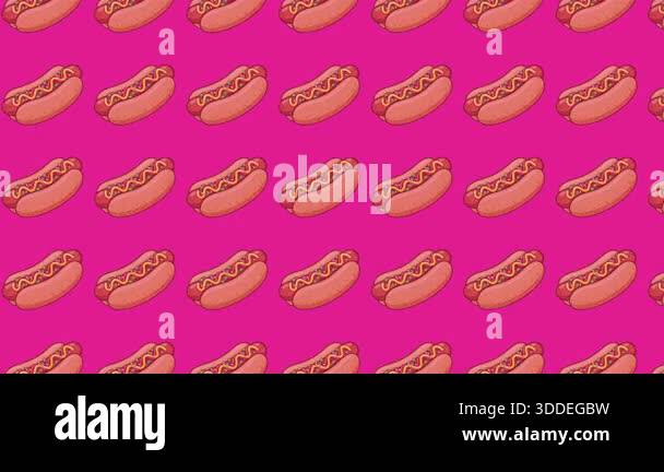 Seamless loop animation of stylized hot dog icons wiggling on a vibrant ...
