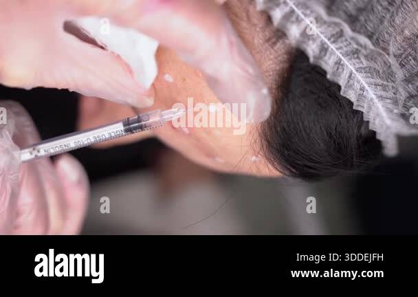 Beautician doctor makes botulinum toxin injection in the forehead of ...
