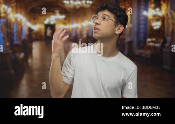 Man holds out hand with raised palm and looks up at marble statue in ...