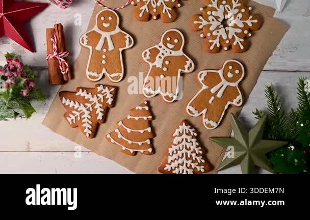 Holiday background. Christmas gingerbread cookies with icing in a plate ...