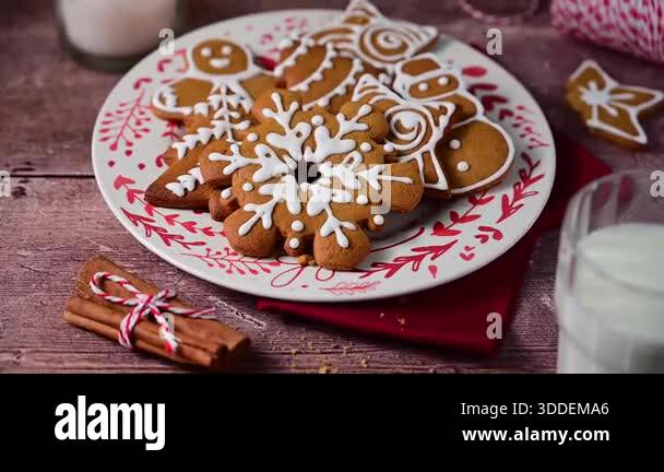 Holiday background. Christmas gingerbread cookies with icing in a plate ...