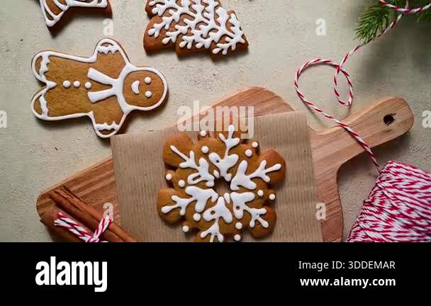 Holiday background. Christmas gingerbread cookies with icing in a plate ...