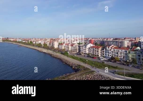 A small sea fishing port with boats in the calm deep cool Black Sea ...