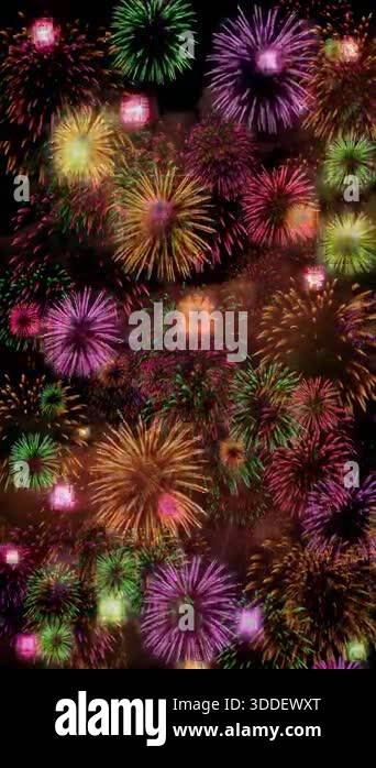 Dense multicolor fireworks or pyrotechnics filling the frame with ...