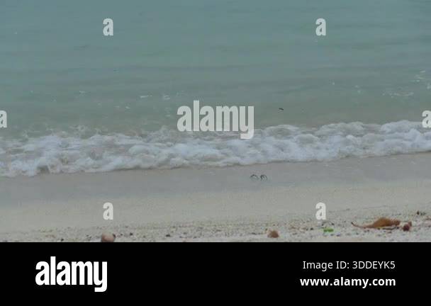 Soft, clear turquoise waves gently break on a clean, light sandy beach ...