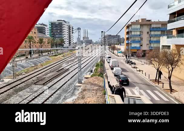 Railway tracks and urban landscape in Sant Adri de Bess near Barcelona ...