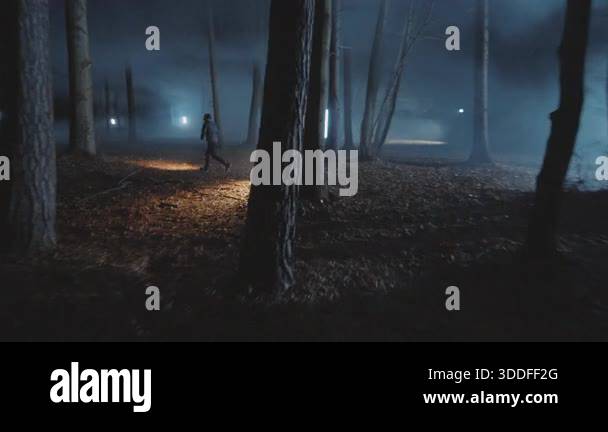 Men detectives running in woods at night with flashlight. Forest ...