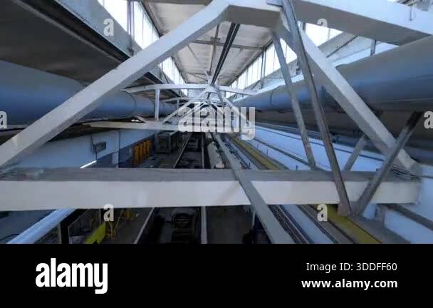 Shooting of top view in tram transport factory. Tram inside. Spare ...