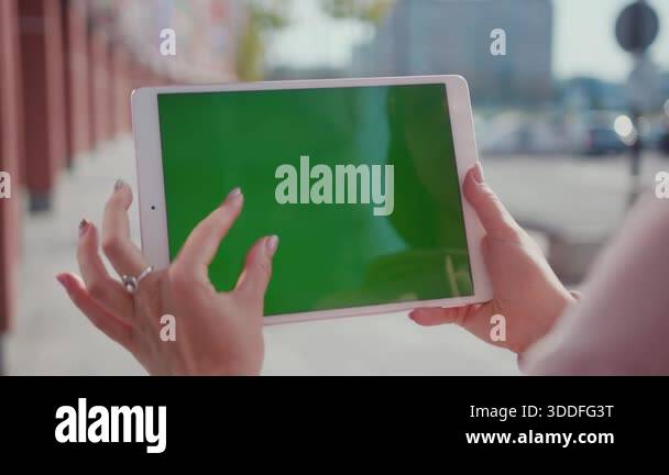 Close-up sociable woman using modern tablet mock-up bank template ...