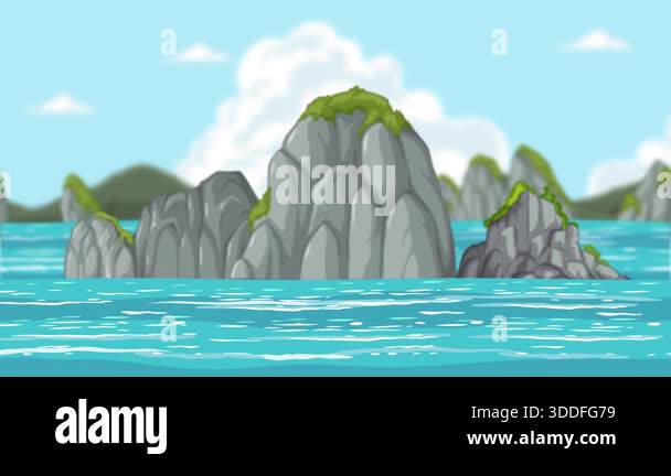 Animated coastal scene with rocky islands and water Stock Video Footage ...