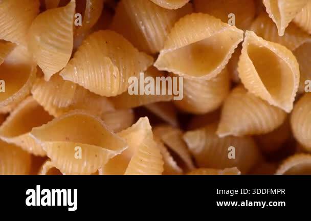 Top-down, macro shot of dried conchiglie pasta shell-shaped rotating ...