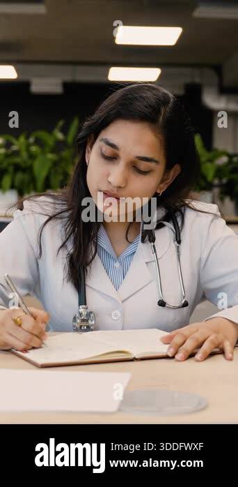 Overwhelmed young indian doctor feeling tired and stressed at her desk ...