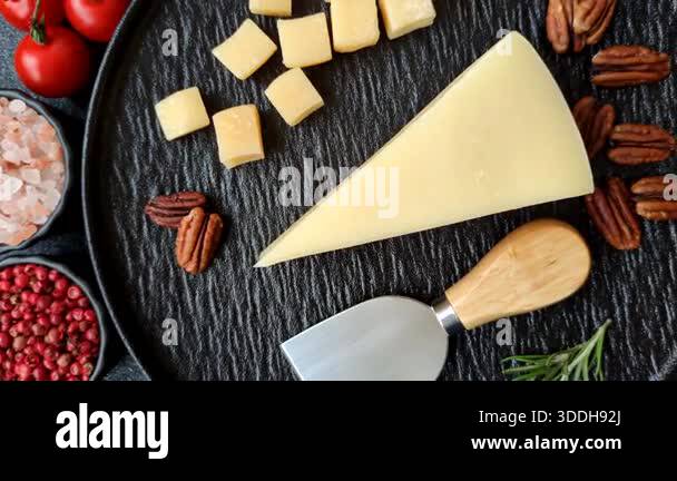 Cubed cheddar, gouda, or parmesan cheese on a cutting board. Cubed ...