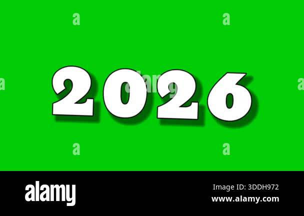 Bold white 2026 number text animation displayed on a bright green ...