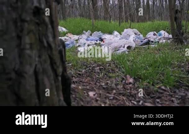 A large pile of plastic bottles and bags lies on the grass in a ...