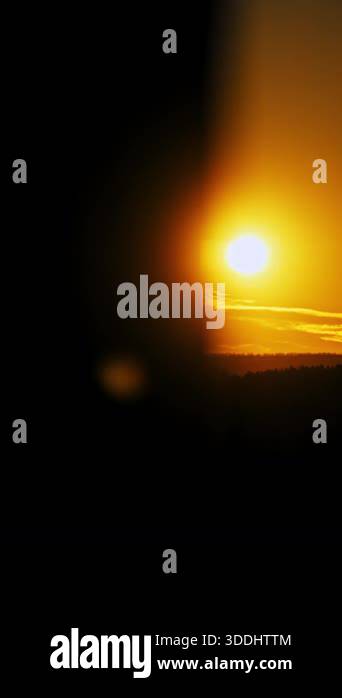 Bright sun sets over a silhouetted forest horizon with golden clouds ...