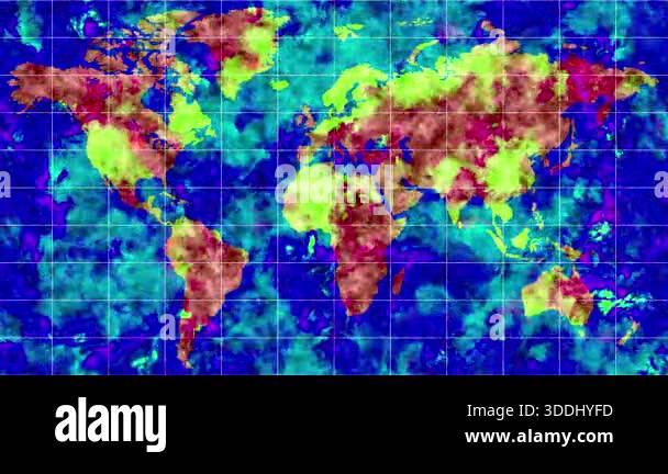 A colorful world map in a thermal visualization style, with continents ...