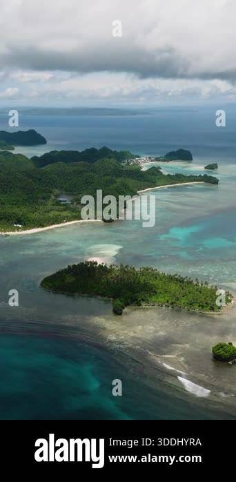 Tropical island with lush green forest surrounded by coral reef and ...