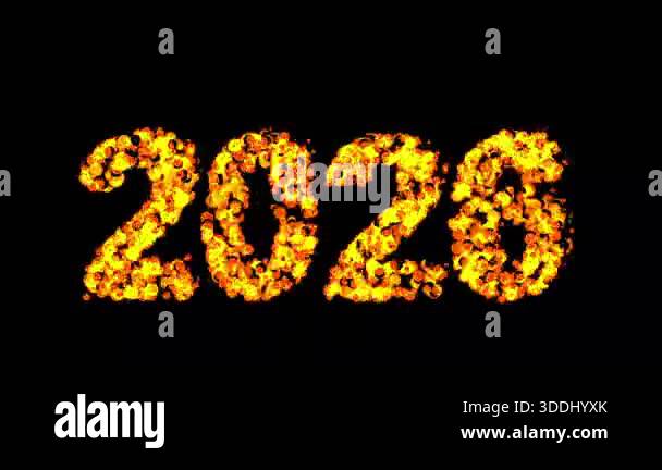 2026 with fire particles effect on plain black background Stock Video ...