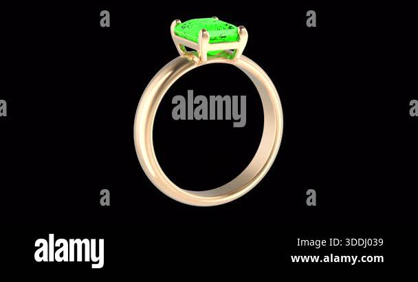 Gold ring with emerald cut green gemstone rotation animation seamlessly ...